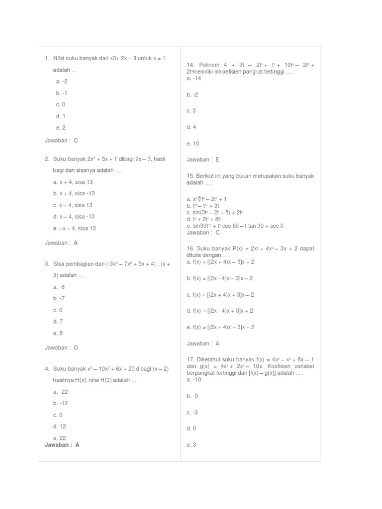 Soal Pilihan Ganda Suku Banyak | PDF