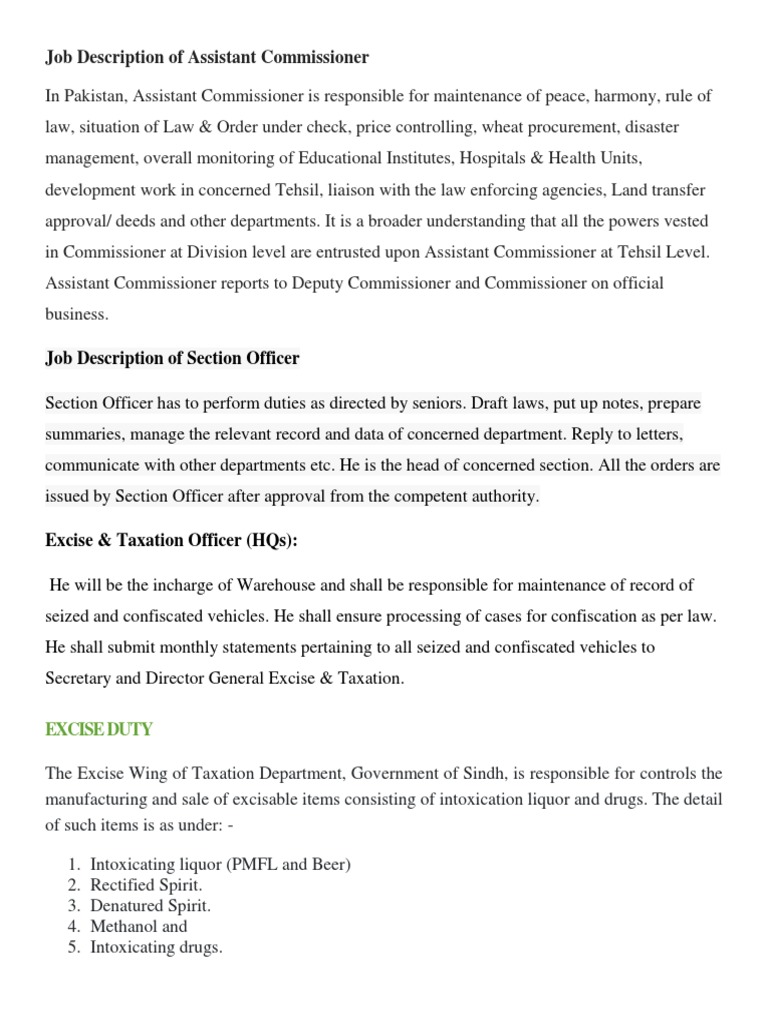 Job Description of Assistant Commissioner | PDF | Excise | Taxation