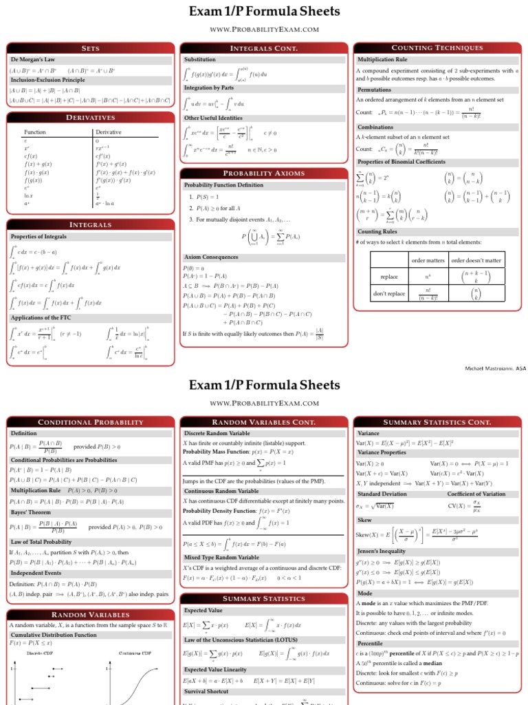 Examp Formula Sheets | PDF | Variance | Probability Distribution