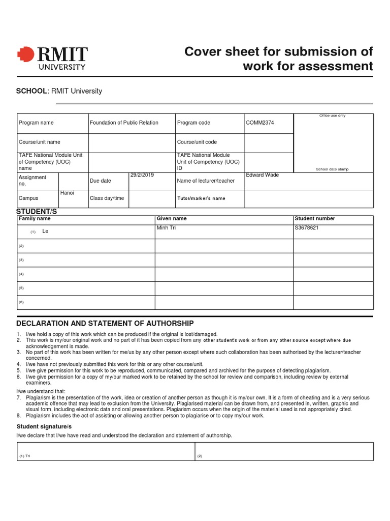 Cover Sheet For Submission of Work For Assessment: SCHOOL: RMIT ...
