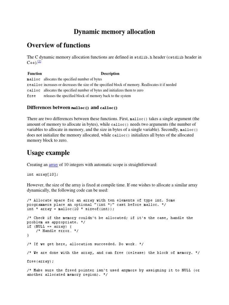 Dynamic Memory Allocation Overview of Functions: Differences Between ...