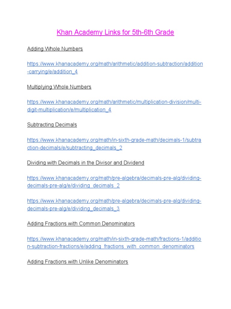 Khan Academy Math Resources for Grades 5-6 | PDF | Fraction ...