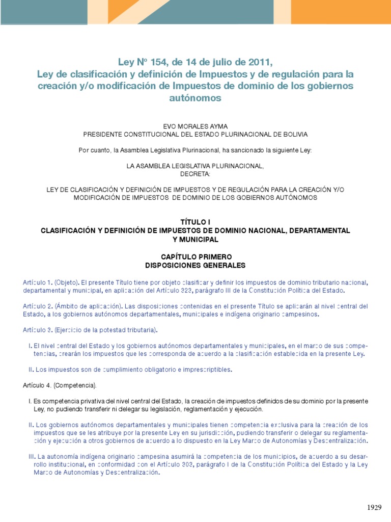 Ley 154 - Bolivia | PDF | Impuestos | Propiedad