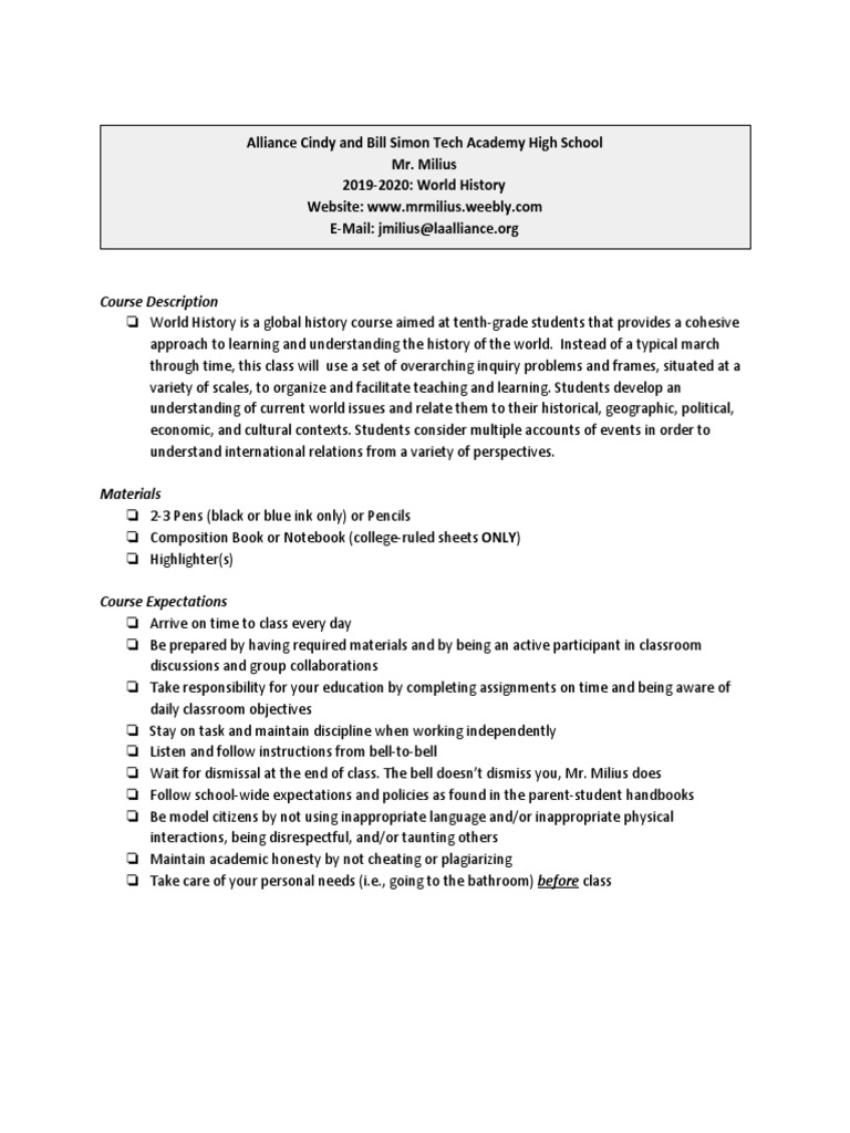 World History Syllabus 2019-2020 | PDF | Students | Syllabus