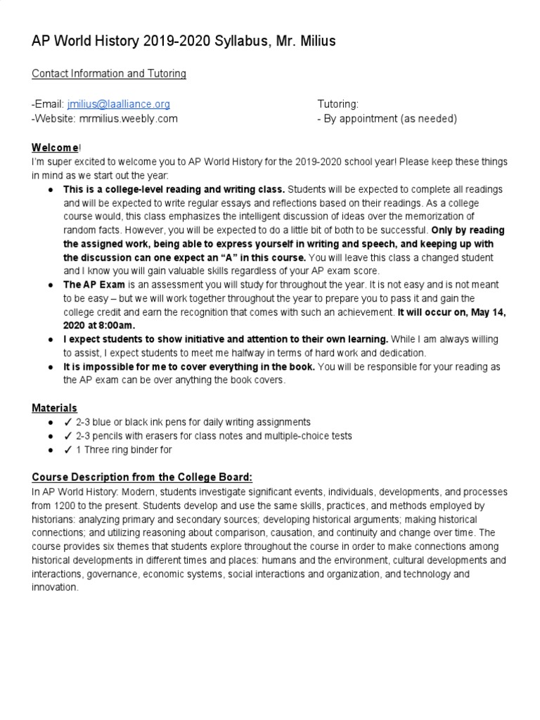 AP World History 2019-2020 Syllabus | PDF | Advanced Placement | Homework