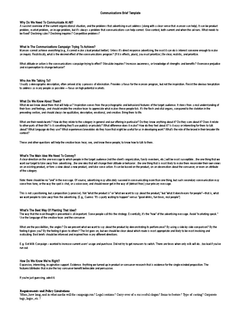 Communications Brief Template | PDF | Advertising | Target Audience