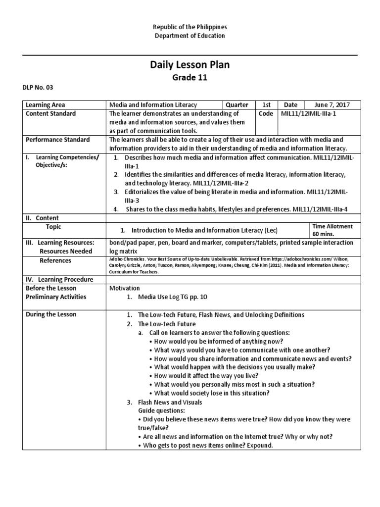 Daily Lesson Plan: Grade 11 | PDF | Information Literacy | Mass Media