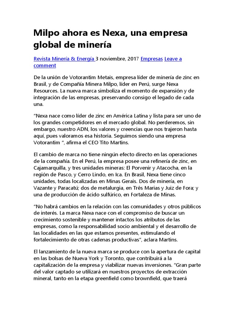 Milpo Ahora Es Nexa | PDF | Minería | Economias