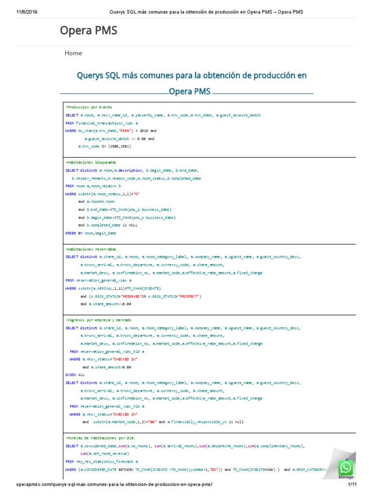 Querys SQL Más Comunes para La Obtención de Producción en Opera PMS - Opera PMS | PDF | Logic ...