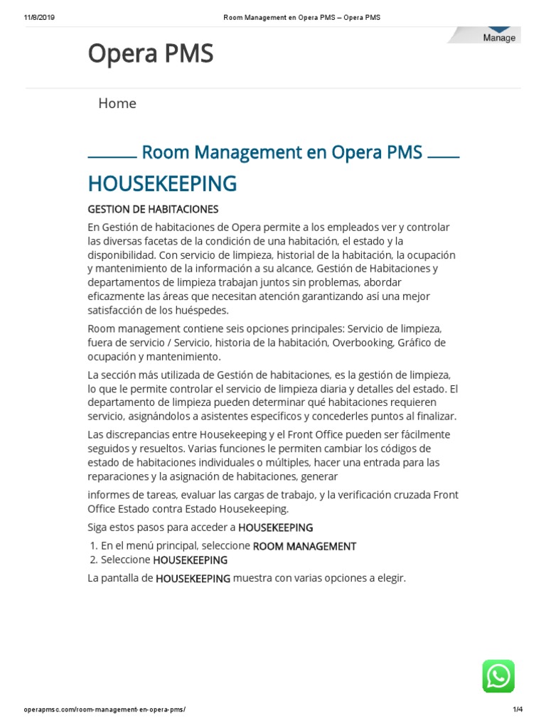 Room Management en Opera PMS - Opera PMS | PDF | Hotel