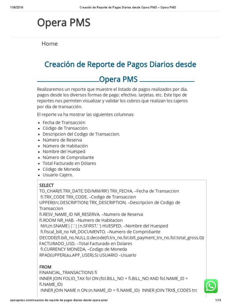 Creación de Reporte de Pagos Diarios Desde Opera PMS - Opera PMS | PDF ...