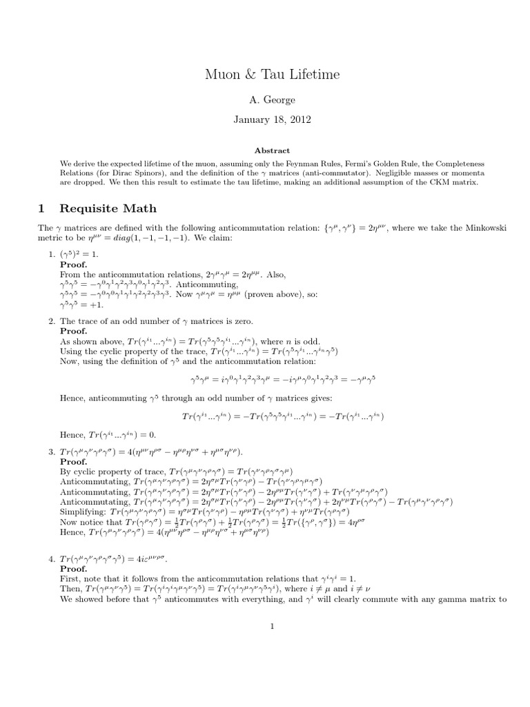 Muon Lifetime and Decay Rate | PDF | Theoretical Physics | Physics