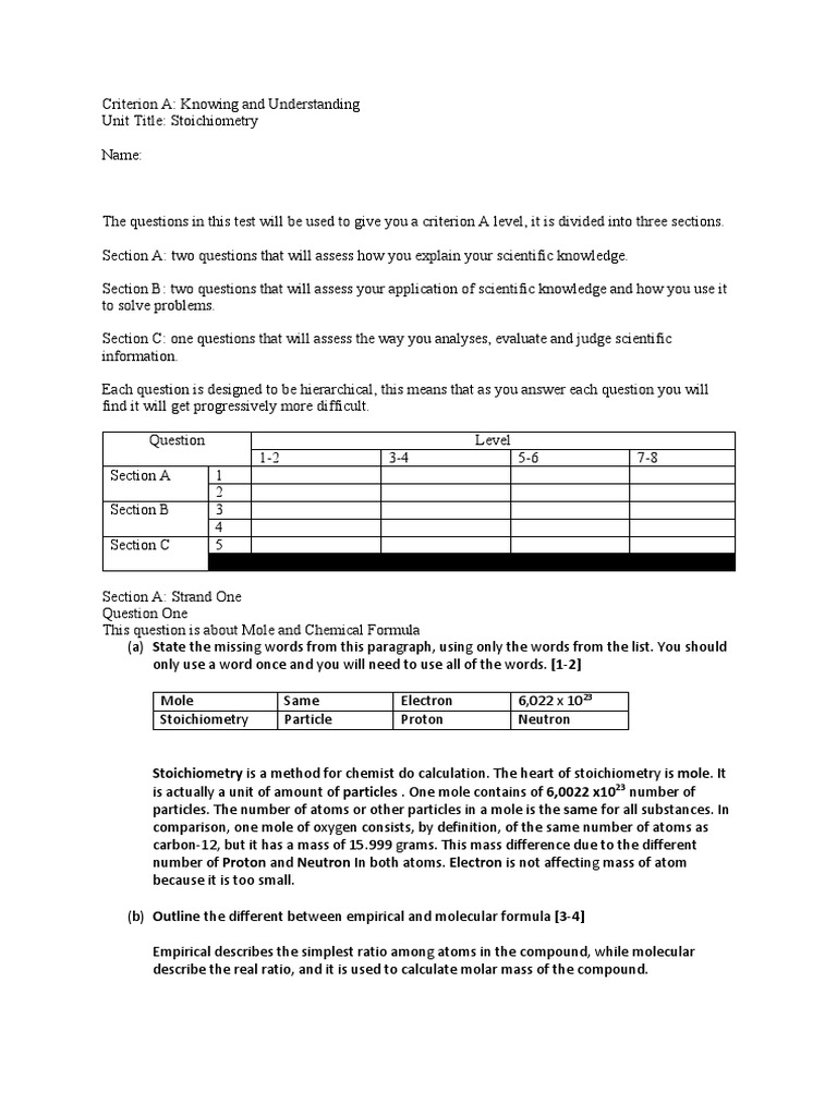 Formative Assessment MYP Chemistry | PDF | Mole (Unit) | Atoms