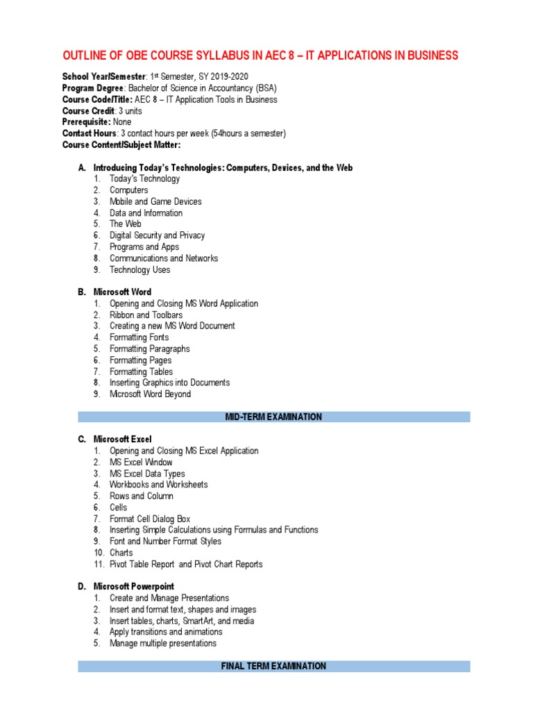 Outline of OBE Syllabus - AEC 8 | PDF | Microsoft Excel | Digital ...