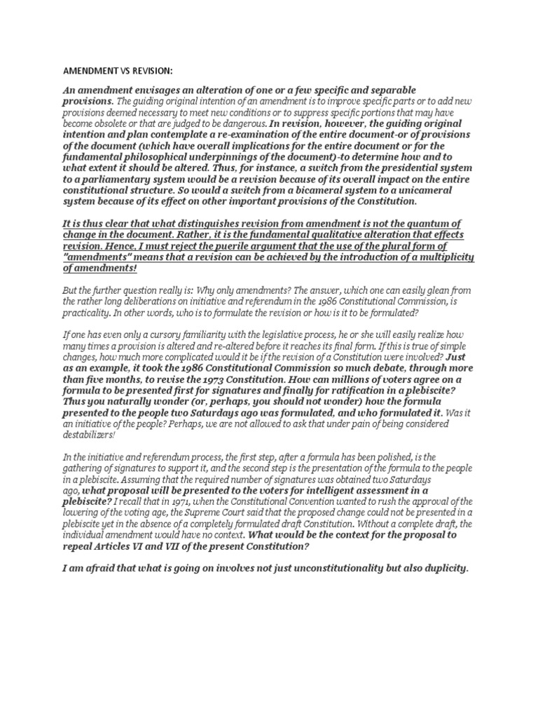 Amendment vs. Revision Explained | PDF | Initiative | Constitutional ...