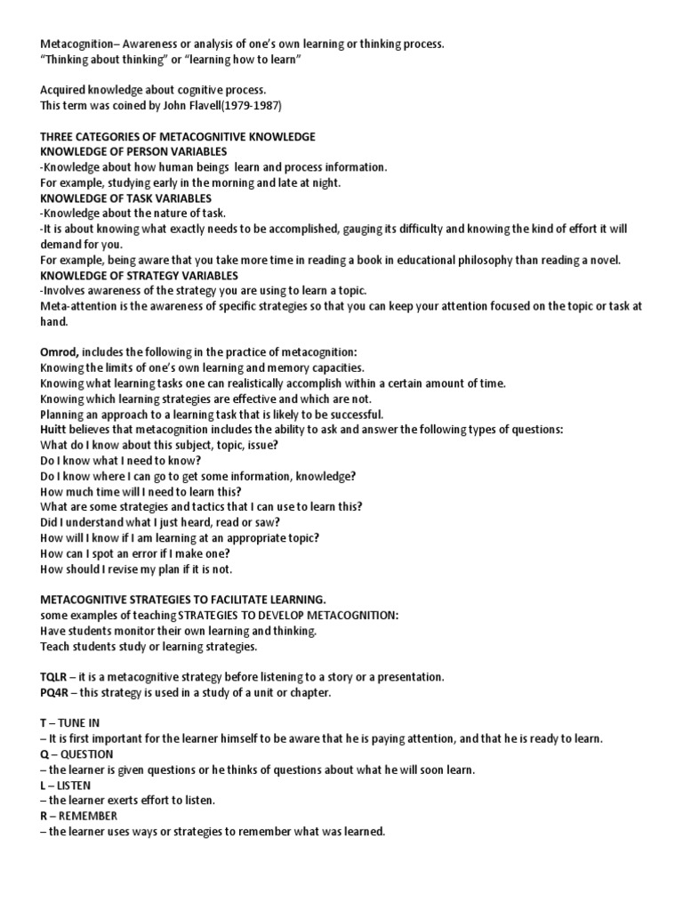 Meta Cognition Pdf Metacognition Learning