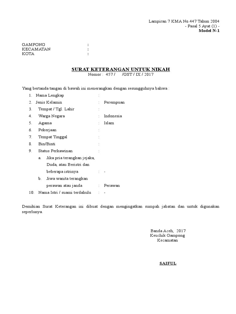 Surat Keterangan dan Persetujuan Nikah | PDF