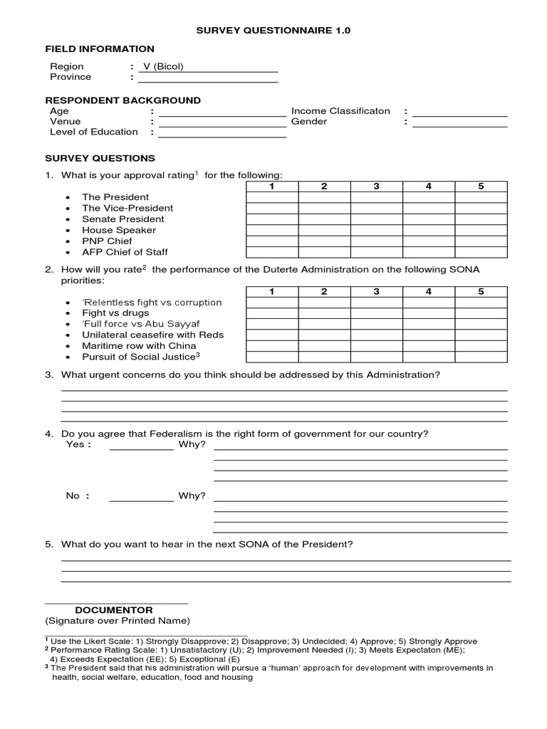 Survey Questionnaire 1.0 Field Information: V (Bicol) : Respondent ...