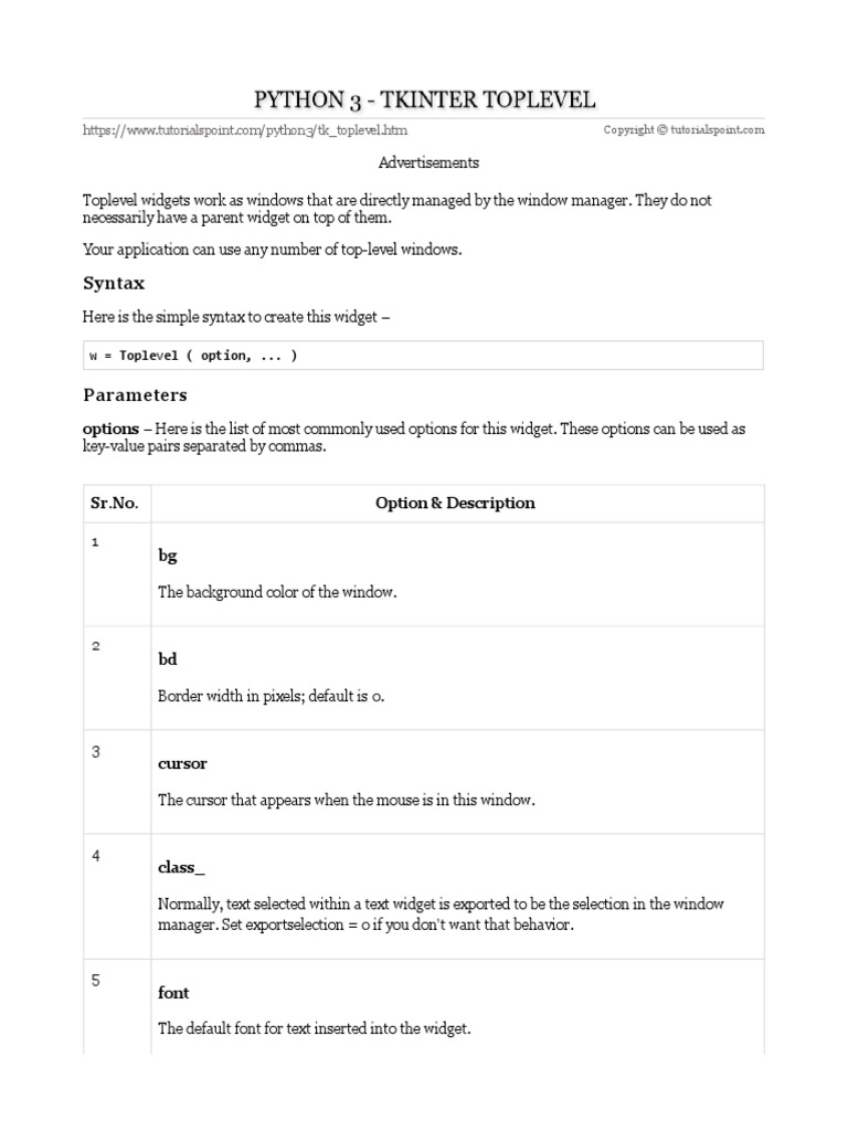 Syntax: W Toplevel (Option, ... ) | PDF | Software | Computer Programming