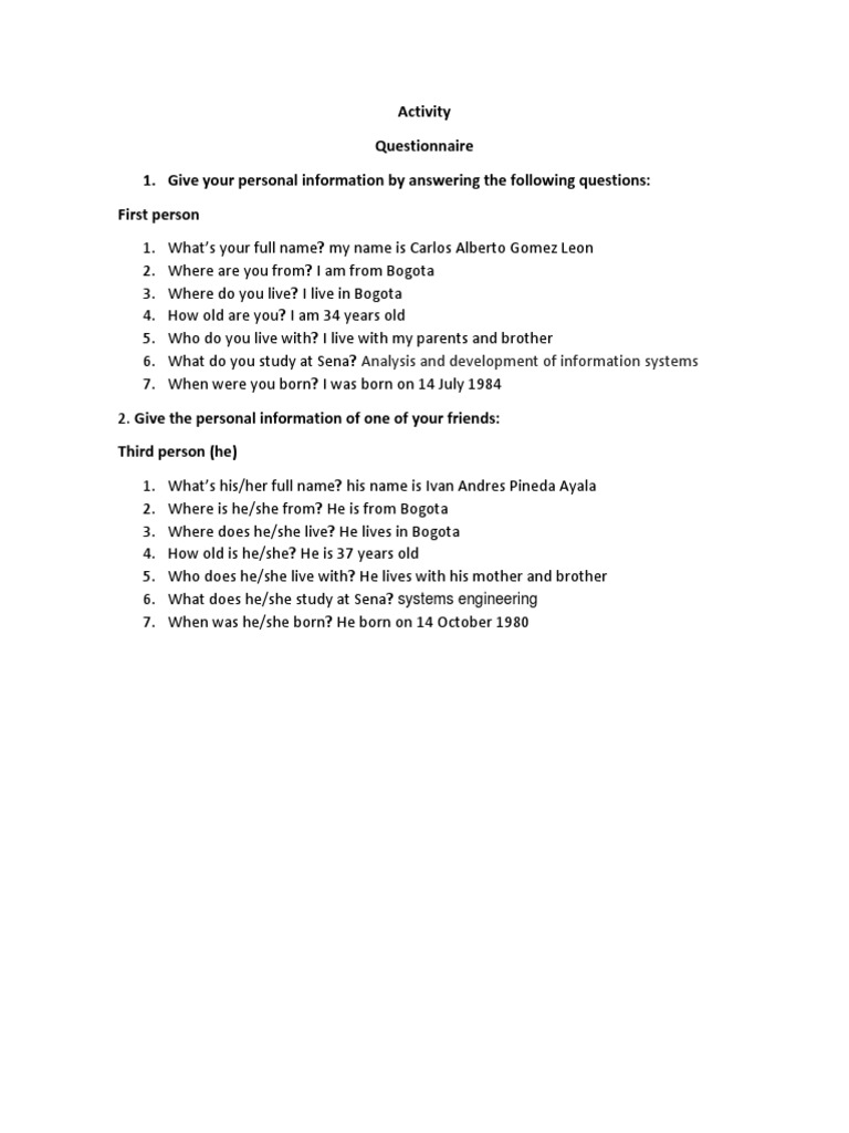 Activity Questionnaire 1. Give Your Personal Information by Answering ...