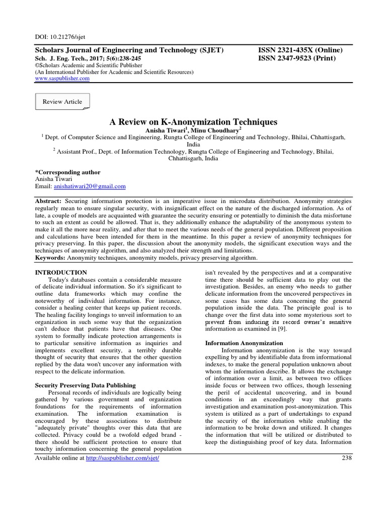 A Review On K-Anonymization Techniques | PDF | Cluster Analysis | Map Reduce
