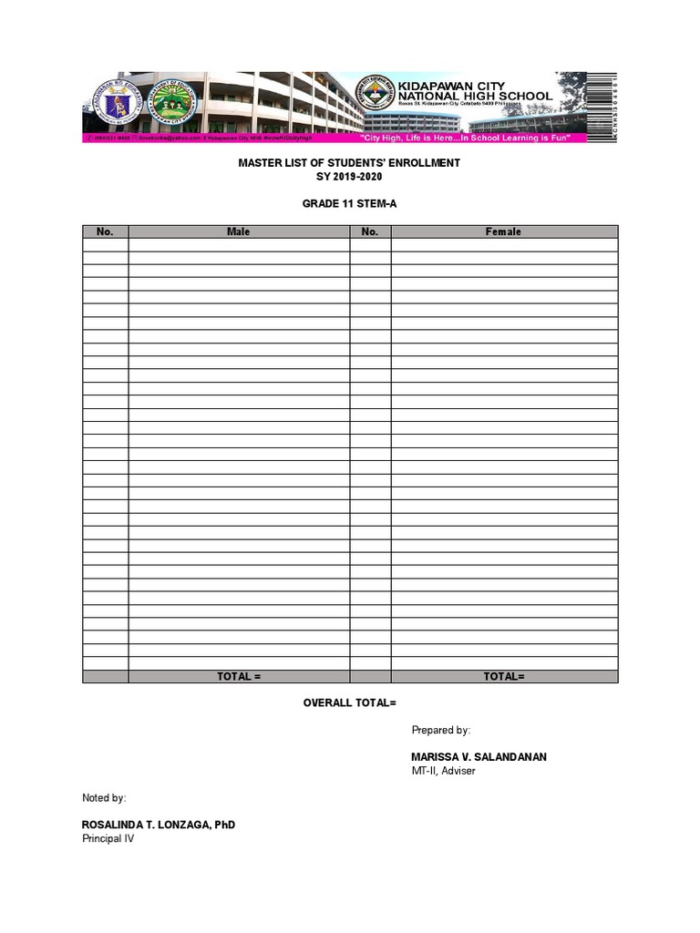Master List of Students' Enrollment SY 2019-2020 Grade 11 Stem-A No ...