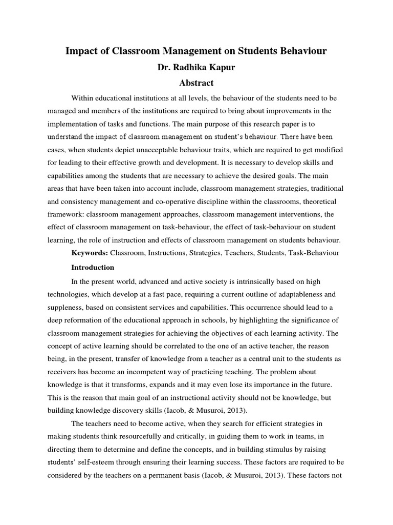 Impact of Classroom Management On Students Behaviour | PDF | Classroom ...