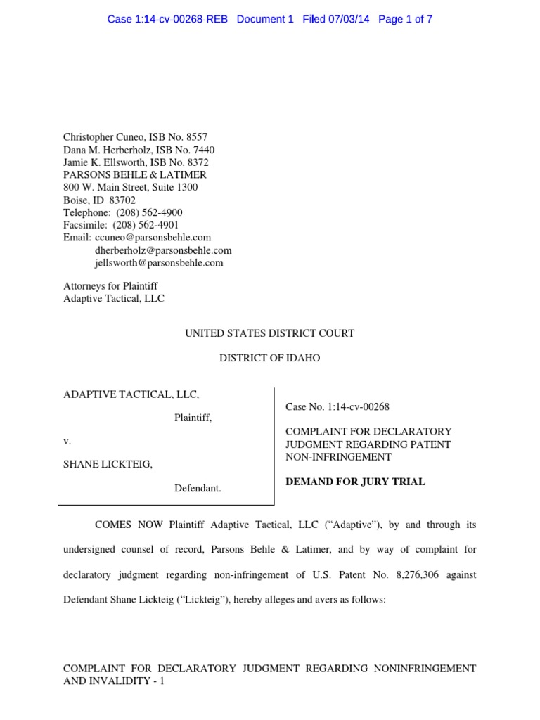 Patent Non-Infringement Complaint | PDF | Declaratory Judgment | Patent ...