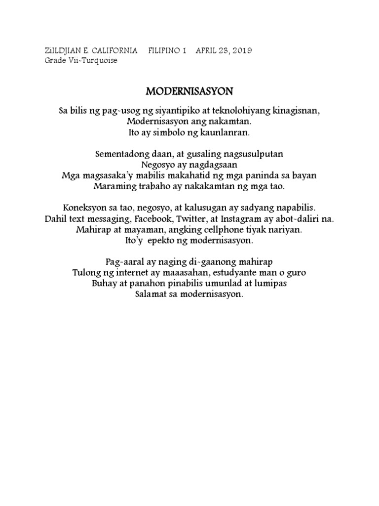 4.23.19 Modernisasyon - Tula.filipino1 | PDF