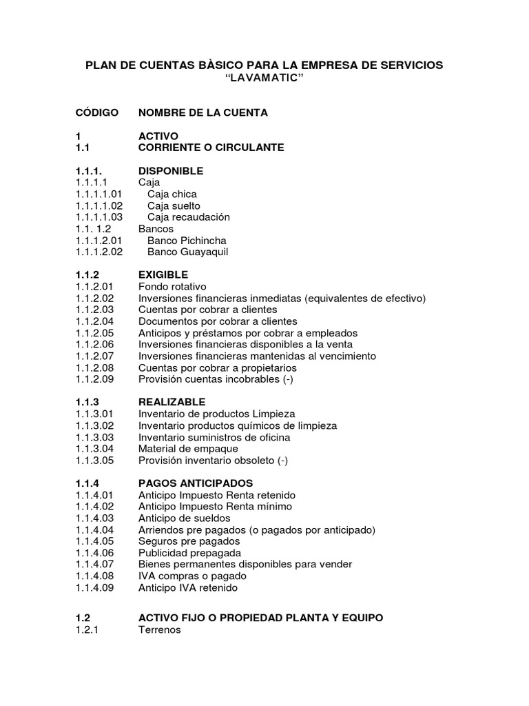 Plan de Cuentas - Empresa Servicios | PDF | Amortización (Negocio) | Bancos