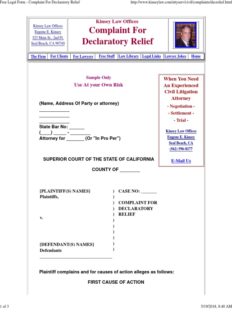 Free Legal Form - Complaint For Declaratory Relief | PDF | Declaratory Judgment | Complaint