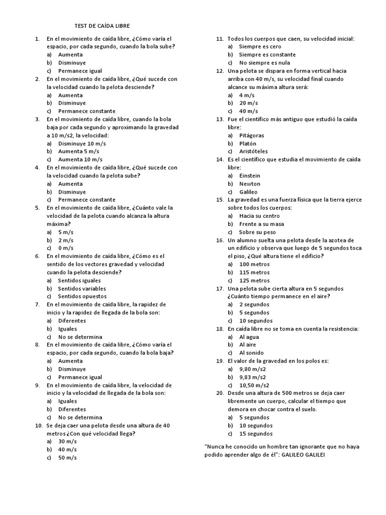 Test De Caída Libre Pdf Velocidad Mecánica