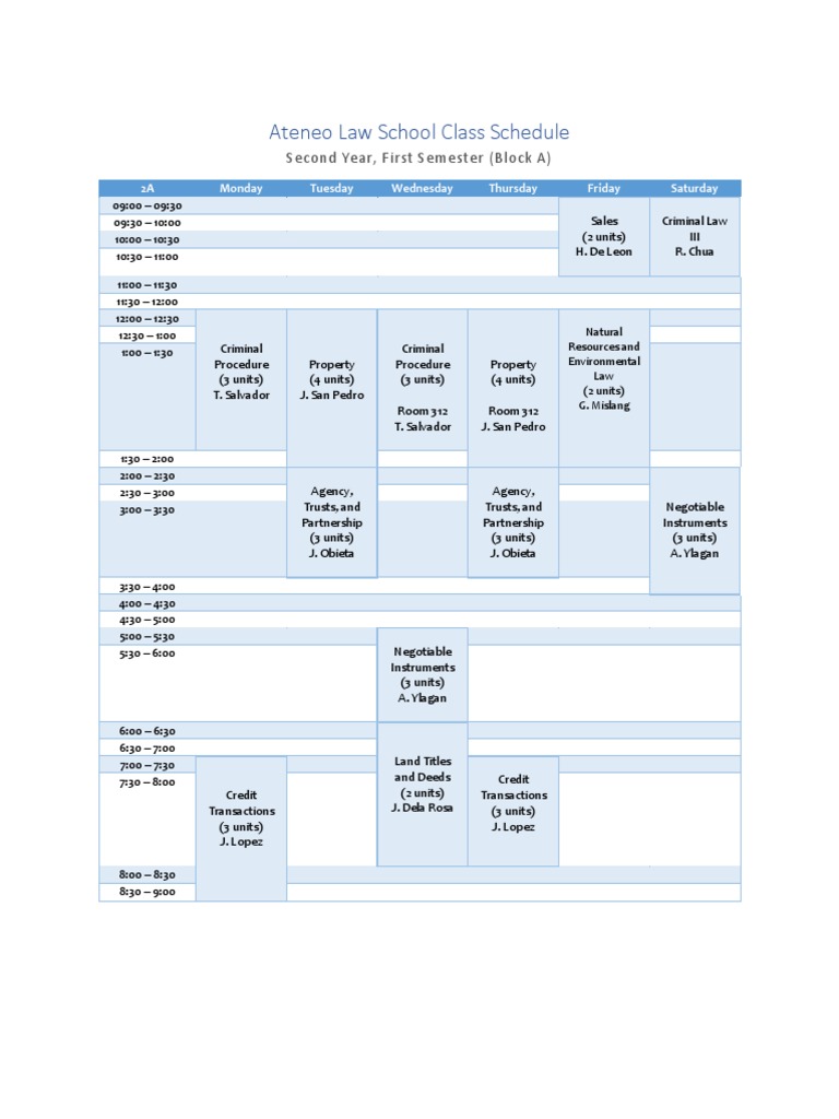 Ateneo Law School Class Schedule: Second Year, First Semester (Block A ...