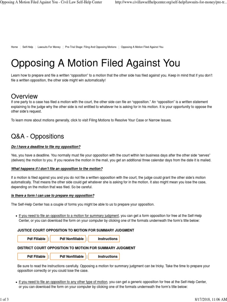 Opposing A Motion Filed Against You - Civil Law Self-Help Center | PDF ...