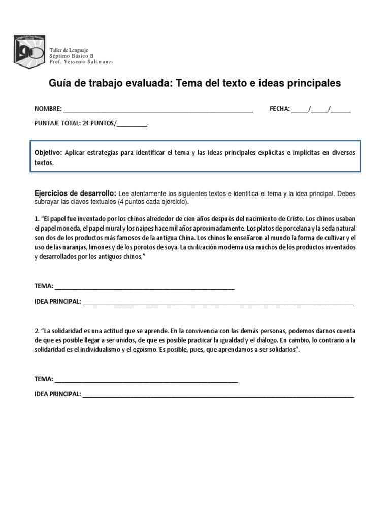 Taller de Lenguaje Guia Evaluada Ideas Principales | PDF | Cigarrillo | Nicotina