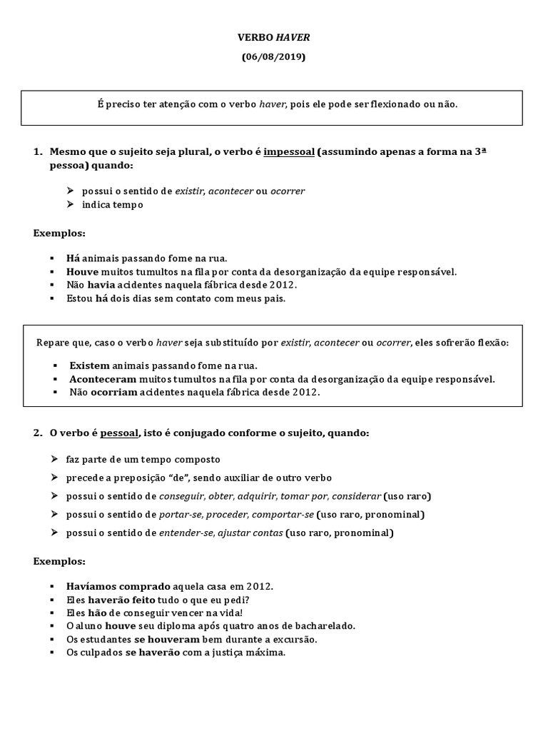 Verbos Haver e Fazer (Explicação e Exercícios) | PDF | Assunto ...