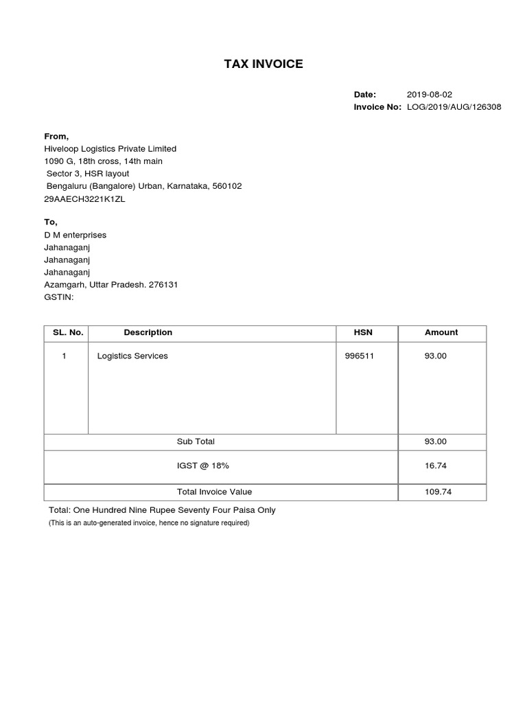 SGHQ5E564722Z7 Logistics Invoice 1565321532898 | PDF