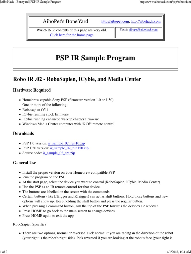 (AiboHack - Boneyard) PSP IR Sample Program | PDF | Remote Control ...