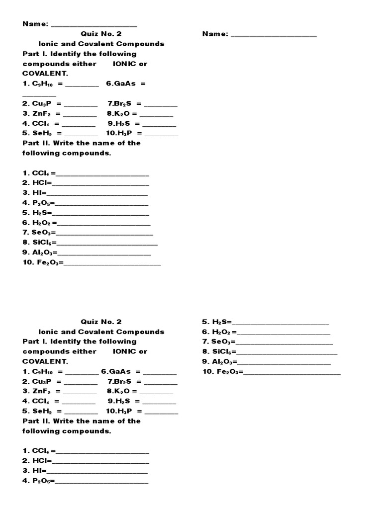Ionic and Covalent Naming Quiz | PDF | Teaching Methods & Materials ...
