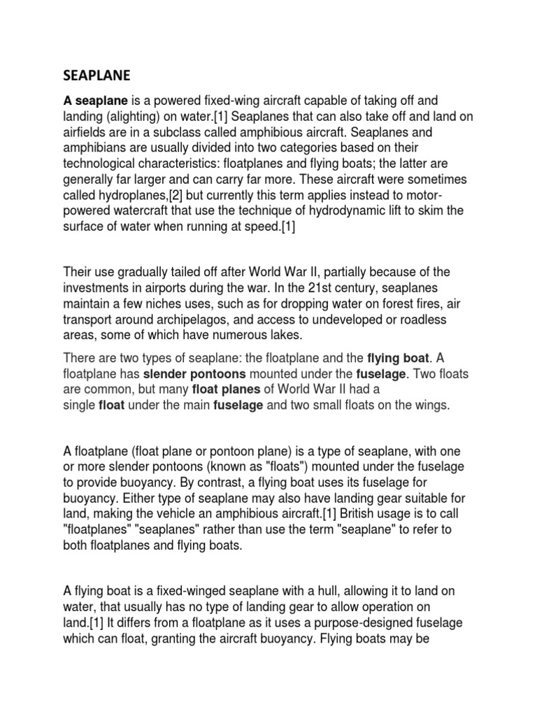 Seaplane: A Seaplane Is A Powered Fixed-Wing Aircraft Capable of Taking ...