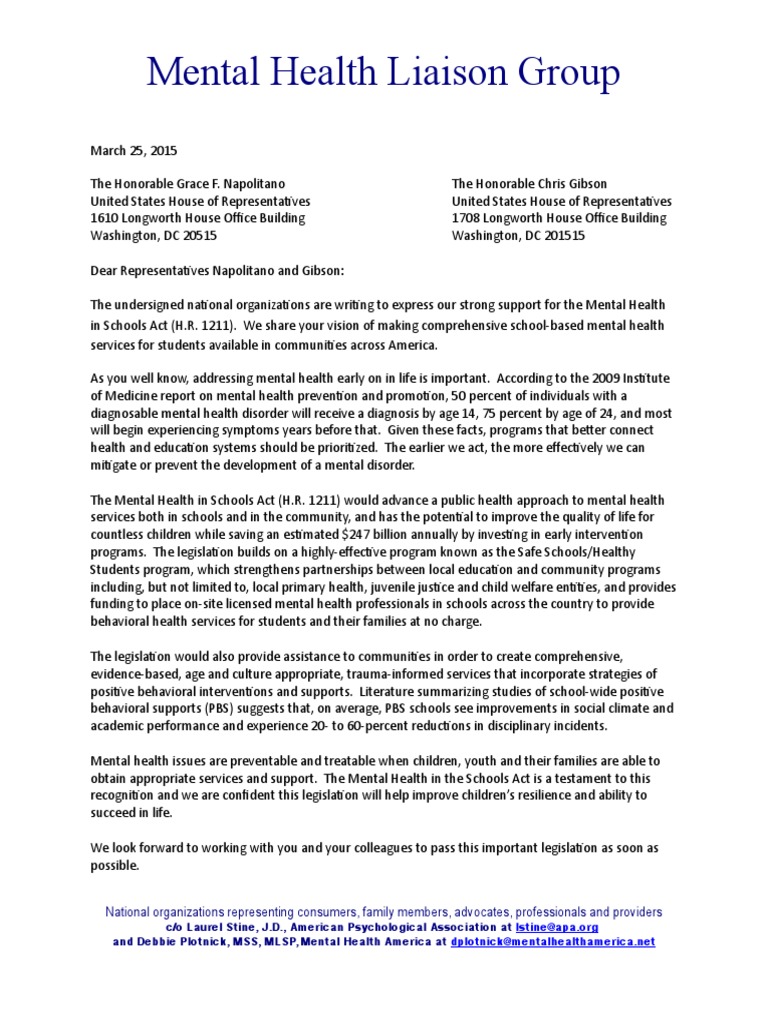 Mental Health in Schools Act Support Letter | PDF | Mental Health ...