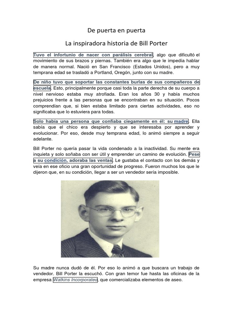 La inspiradora historia de Bill Porter | PDF | Invalidez | Psicología ...