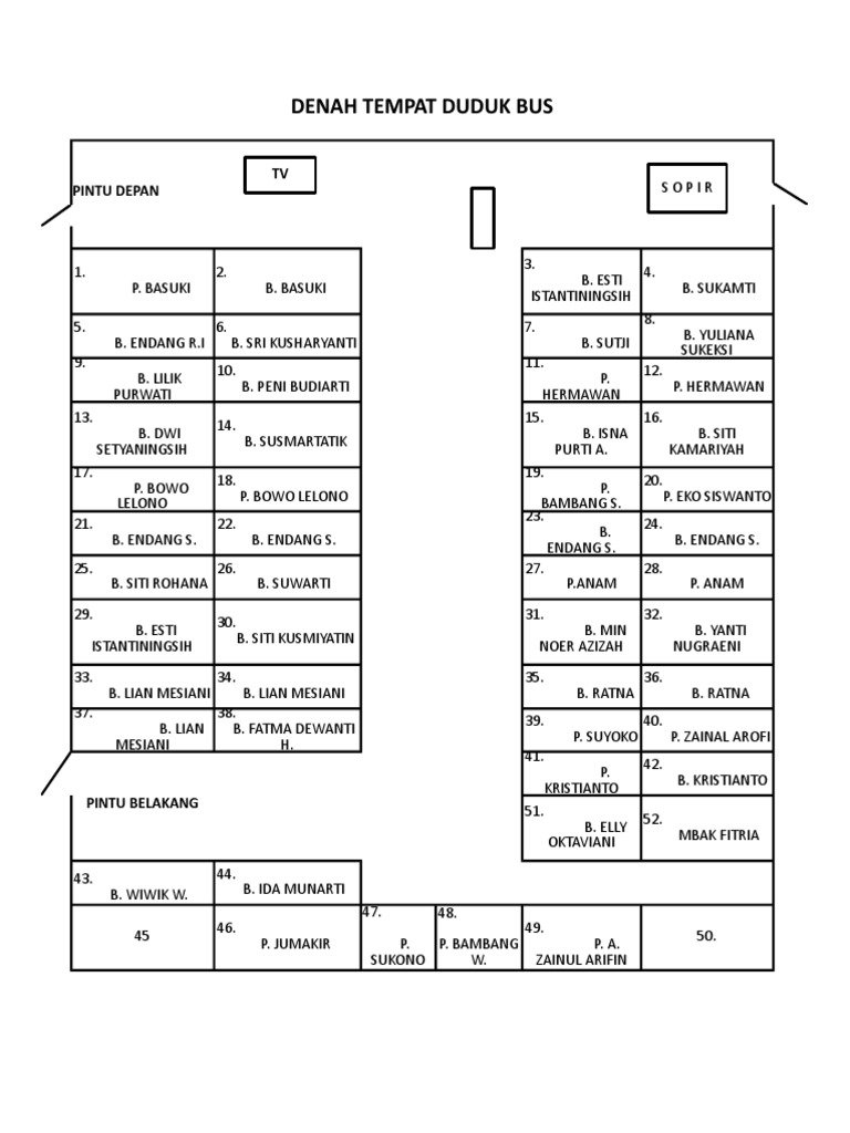 Denah Tempat Duduk Bus: Pintu Depan TV | PDF