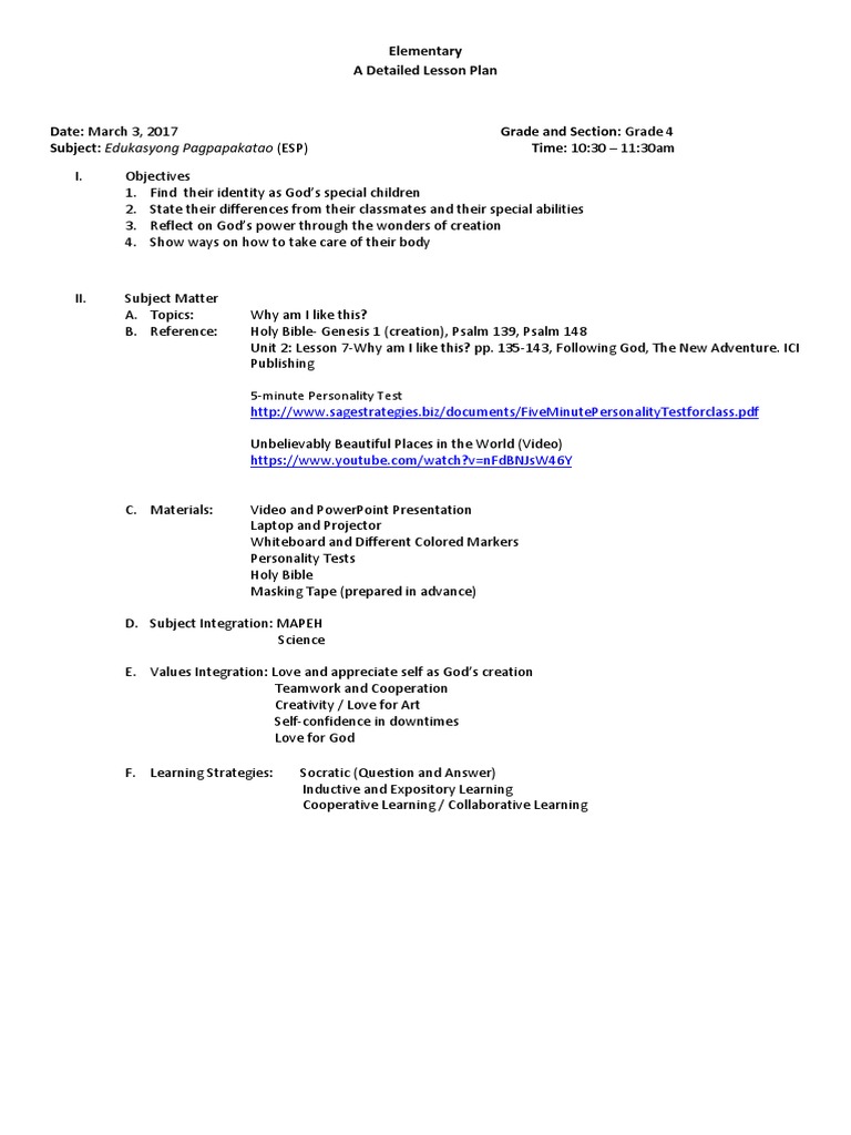 Detailed Lesson Plan - Creation | Download Free PDF | Genesis Creation ...