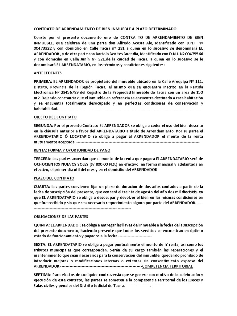 Contrato de arrendamiento de inmueble a plazo determinado | PDF | Donación | Virtud