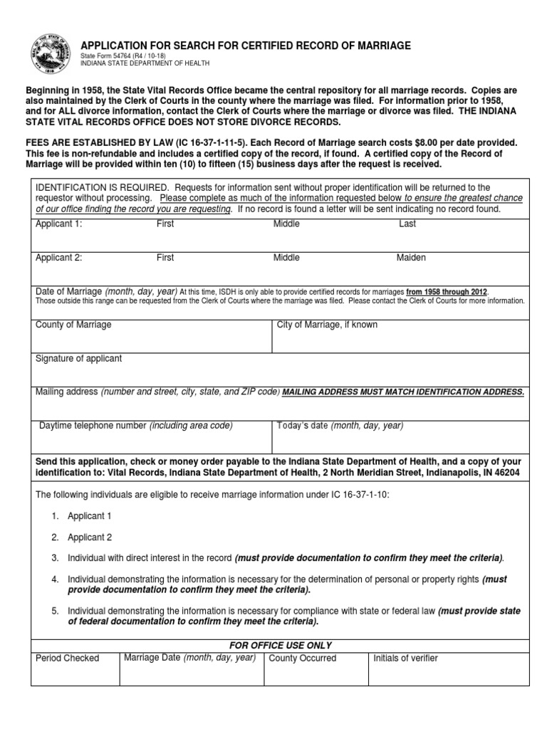Indiana Marriage Record Search Form | PDF | Identity Document | Marriage