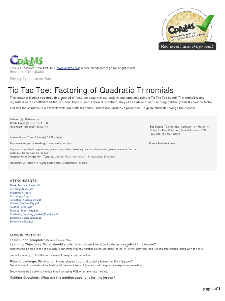 Tic Tac Toe: Factoring of Quadratic Trinomials: Resource ID#: 46380 ...