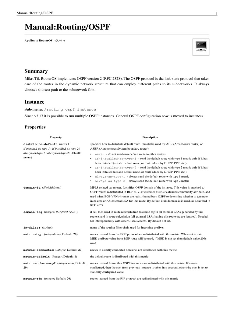 Manual:Routing/OSPF: Properties | PDF | Routing | Router (Computing)