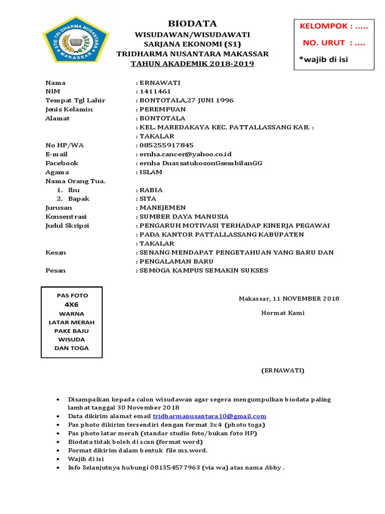 Biodata Wisudawan Trinus 2018 | PDF