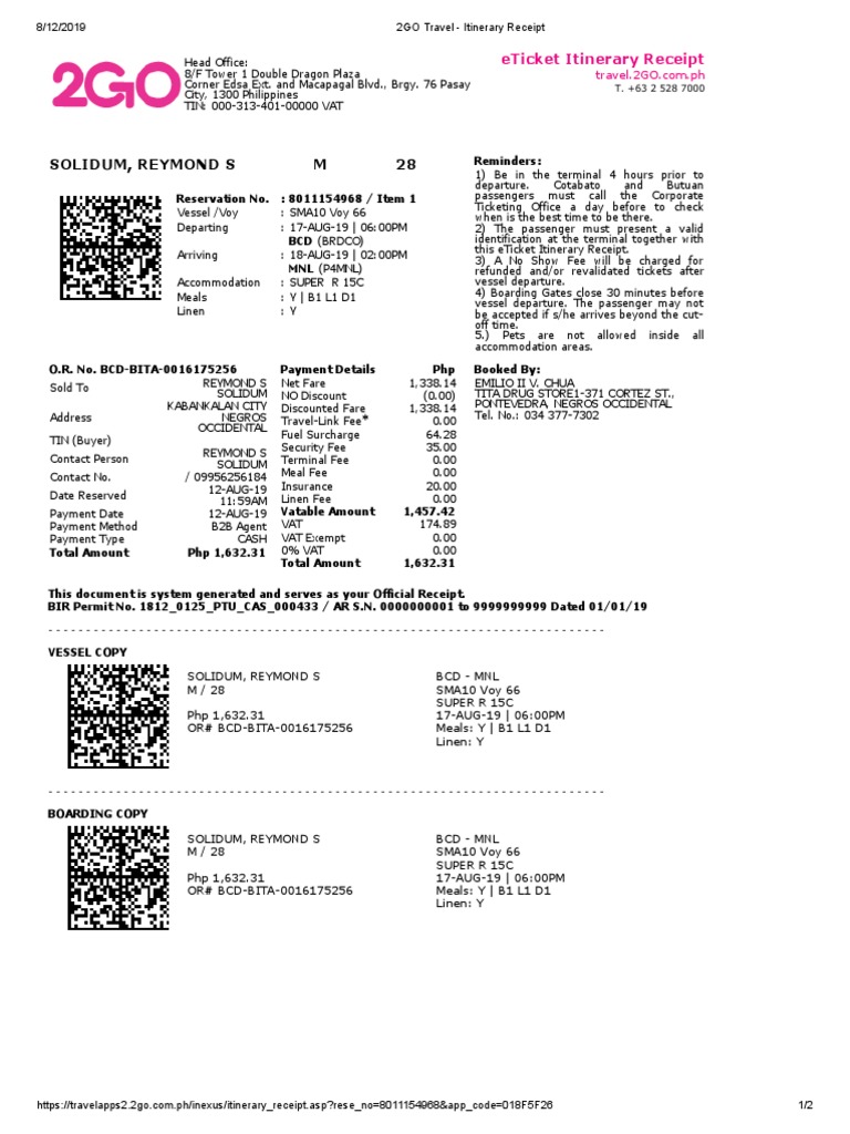 2GO Travel - Itinerary Receipt | PDF | Service Industries | Payments